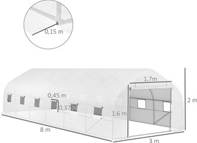 Outsunny Tunelový Skleník 24 m² s PE Krytem a Pozinkovaným Ocelovým Rámem Ø 24 mm 12 Zelených Oken a Rolovacích Dveří 8 x 3 x 2 m Bílá