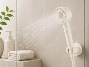 Verk Group Sprchová hlava – ruční sprcha, bílá, úsporná, 5 funkcí, kulatá, s tlačítkem