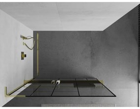 Mexen Kioto+ L, sprchová zástěna Walk-In s poličkou a věšákem 100 x 200 cm, 8mm čiré sklo černý vzor, ​​zlatý lesklý profil, 800-100-123-50-78