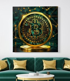 Obraz na plátně - Bitcoin, zářící zlatý emerald FeelHappy.cz Velikost obrazu: 80 x 80 cm