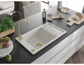 Mexen Elias, granitový dřez granitový 795x480x200 mm, 1-komorový, bílá se zlatým sifonem, 6511791005-20-G