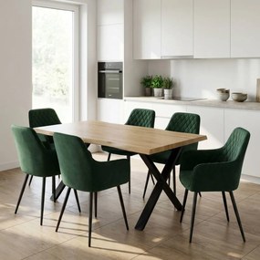 Vikio Jídelní set pro 6 osob 160x90 cm soft dub noha X zelená židle s područkami VJS226-6Z