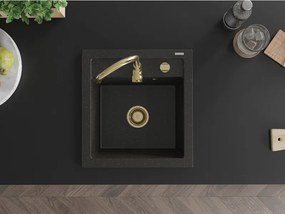 Mexen Vito, granitový dřez 520x490x210 mm, 1-komorový, černá-zlatá metalíza se zlatým sifonem, 6503521000-75-G
