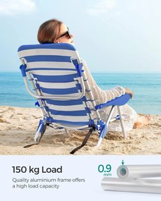 Plážová židle, skládací, přenosná venkovní židle, s nastavitelnou opěrkou, modrá a bílá