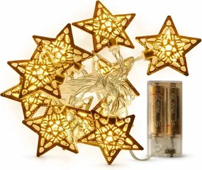 LED světýlka na baterie, 1,3 m, kovové hvězdy, teple bílá, 10 diod, čirý kabel, IP20 interiér, 2× AA
