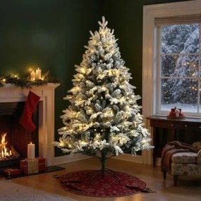 HOMCOM Umělý vánoční stromek, 180 cm, LED světla, pokrytý sněhem, nehořlavý, kov