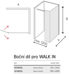 Mereo Novea boční díl pro WALK IN 35 x  200 cm sklo Čiré ALU chrom CK10635S