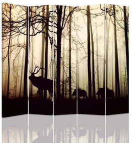 Ozdobný paraván Jelen v lese Fog Brown - 180x170 cm, pětidílný, obustranný paraván 360°