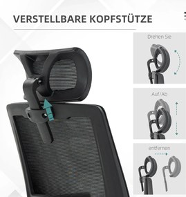 Ergonomická kancelářská židle Vinsetto, židle k psacímu stolu s nastavitelnou opěrkou hlavy, výškově nastavitelné područce, počítačová židle s funkcí…