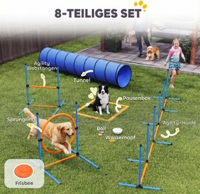 PawHut 8dílná sada agility pro psy s tunelem, slalomem, nastavitelnými překážkami, kruhem, pauzovací plošinou, miskou, hračkami a taškou — zahrada, v…