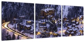 Obraz - horské zimní městečko (s hodinami) (90x30 cm)