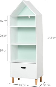 HOMCOM Dětská knihovna Dřevěná knihovna pro děti na knihy, hračky a DVD s 4 policemi a 1 zásuvkou Dvoubarevný kompaktní design 50x30x142 cm Bílá