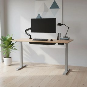 Výškově nastavitelný stůl OfficeTech B, 140 x 80 cm, šedá podnož, dub kraft