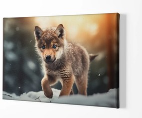 Obraz na plátně - Malé vlče objevuje zimní les FeelHappy.cz Velikost obrazu: 90 x 60 cm