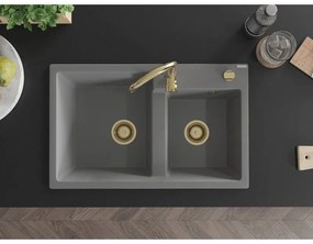 Mexen Tomas, granitový dřez 800x500x190 mm, 2-komorový, šedá se zlatým sifonem, 6516802000-71-G