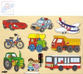 WOODY DŘEVO Baby puzzle vkládací Dopravní prostředky na desce 9 dílků 91906