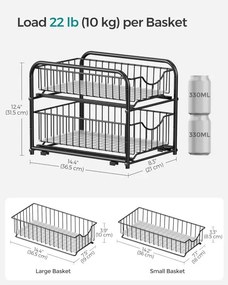 Organizér do skříňky 2patrový s výsuvnými koši, černý kovový