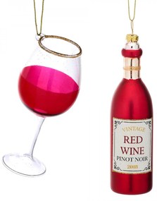 sass & belle Vánoční ozdoba Red Wine and Glass - 2 ks, červená barva, sklo