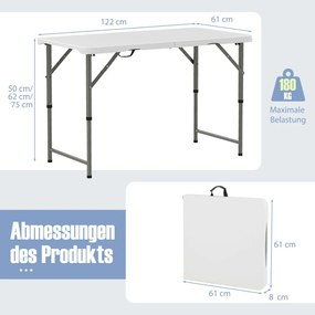Costway Výškově nastavitelný kempingový stůl s HDPE stolní deskou a rukojetí.