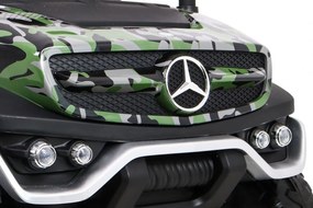 Ramiz Mercedes Benz Unimog elektrické autíčko pro děti maskáčové + pohon 4x4 + dálkové ovládání + nosič zavazadel + pomalý start + rádio MP3 + LED