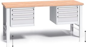 Výškově nastavitelný pracovní stůl do dílny G3 se 2 závěsnými boxy na nářadí, buková spárovka, 6 zásuvek, 2000 x 685 x 840 - 1050 mm, šedá