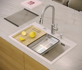 Bílý kuchyňský granitový dřez QUADRON Marc 110 s příslušenstvím bez baterie