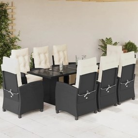 vidaXL 9dílný zahradní jídelní set s poduškami černý polyratan