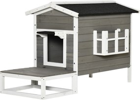 PawHut kočičí domek Kočičí domek s terasou a balkonem pro psy a kočky, jedlové dřevo, šedá a bílá, 115 x 66,5 x 74,7 cm | Aosom.de