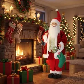 HOMCOM 120 cm zpívající a tancující Santa Claus, stojící animovaná vánoční postava s punčochou, pytlem, aktivovaná zvukem / dotykem