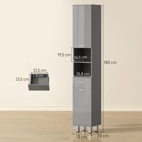 kleankin úzká vysoká koupelnová skříňka, vysoce lesklá šedá, zásuvka, nastavitelné police a 2 otevřené přihrádky — 30 × 30 × 180 cm