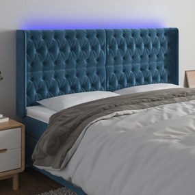Čelo postele s LED tmavě modré 183 x 16 x 118/128 cm samet