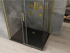 Mexen Omega, sprchový kout s posuvnými dveřmi 120 (dveře) x 90 (stěna) cm, 8mm čiré sklo, zlatý profil + slim sprchová vanička černá + zlatý sifon, 825-120-090-50-00-4070G