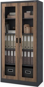 Kovová skříň s vitrínou antracitová / ořech: Eco Design AMELIA, 900 x 1850 x 400 mm