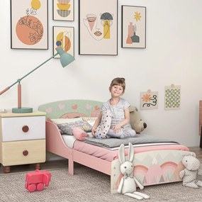 Dětská postel ZONEKIZ dřevěná 143x77x60 cm pro děti ve věku 3-6 let s bezpečnostními zábranami a potiskem Max. nosnost 40 kg Moderní růžový nábytek d…