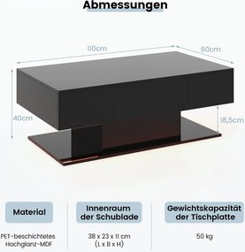 Costway Konferenční stolek s LED osvětlením vysoký lesk 20 barev jas