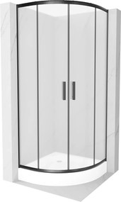 Mexen Rio, čtvrtkruhový sprchový kout s posuvnými dveřmi 80 (dveře) x 80 (dveře) x 190 cm, 5mm sklo námraza, černý profil + bílá sprchová vanička RIO, 863-080-080-70-30-4710
