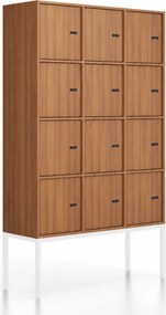 Kancelářská skříň FRAME, bílá podnož, 12x dveře, 1299 x 450 x 2185 mm, mechanický kódový zámek, ořech