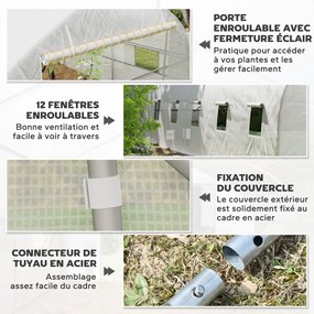 Outsunny Tunelový Skleník 24 m² s PE Krytem a Pozinkovaným Ocelovým Rámem Ø 24 mm 12 Zelených Oken a Rolovacích Dveří 8 x 3 x 2 m Bílá
