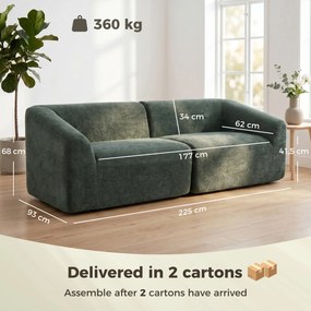 HOMCOM 3-místná pohovka z čenilu 225 cm, moderní čalouněná obývací pohovka s širokým sedákem, polštáře s pružinovým jádrem, tmavě zelená