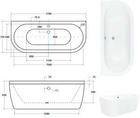 NIKIDO - B Přístěnná vana VISTA 140, 150, 160, 170 Rozměry: 140 x 75cm