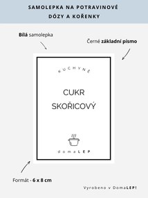 Samolepka na dózu CUKR SKOŘICOVÝ – bílá, 6 × 8 cm, základní písmo