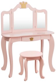 2v1 dětský toaletní stolek s taburetkou a trojitým zrcadlem, růžová