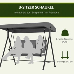 Outsunny Hollywoodská houpačka Třímístná zahradní houpačka s nastavitelnou střechou s nosností až 240 kg kov Texteline tmavě šedá 195 x 118 x 170 cm |