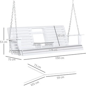 Outsunny závěsná lavice zahradní houpačka houpací lavice se skládacím stolkem pro 2-3 osoby jedlové dřevo pohodlná terasa 150 x 75 x 53 cm Bílá | Aos…