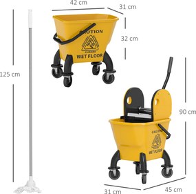 HOMCOM pojízdný kýbl na mop, kyblík na vytírání s ždímačkou a mopem, 26 litrů, žlutý