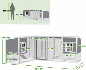 Kurník Dřevěný kurník ve tvaru písmene L se 2 kurníky, 2 úrovně, výběh, rampa, 251 x 192 x 103 cm Šedý