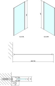Polysan Polysan, EASY LINE sprchová boční stěna 700mm, sklo BRICK, EL3138