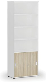 Kombinovaná kancelářská skříň PRIMO WHITE, zasouvací dveře na 2 patra, 800 x 420 x 2128 mm, bílá/dub přírodní