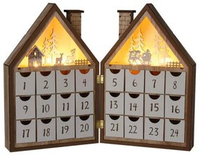 LED Dřevěný adventní kalendář Vánoční dům, 8x LED, 19 cm, 2x AAA
