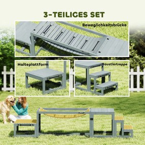 Agility set pro psy 3dílná sada agility vybavení s mostem, schůdky, plošinou, jedlové dřevo, 117 x 50 x 56 cm, šedá barva